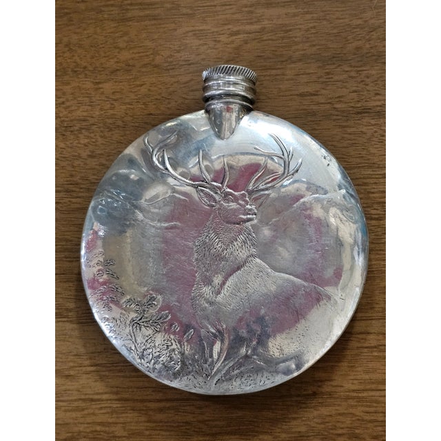 Mid Century Modern Pewter Round Flask With a Deer Etching | Chairish