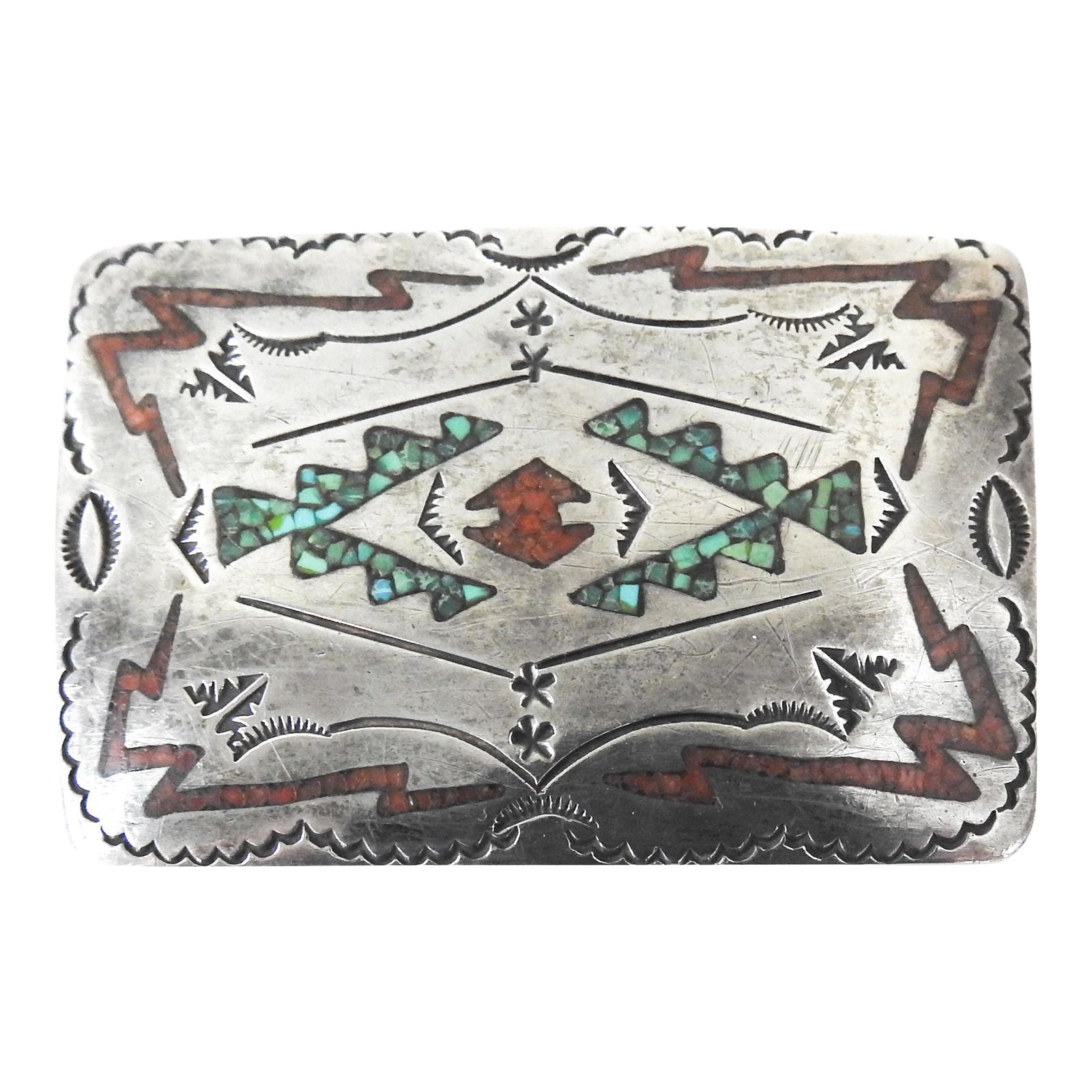 Vintage Silver With Turquoise and Coral Inlay Buckle Begay | Chairish