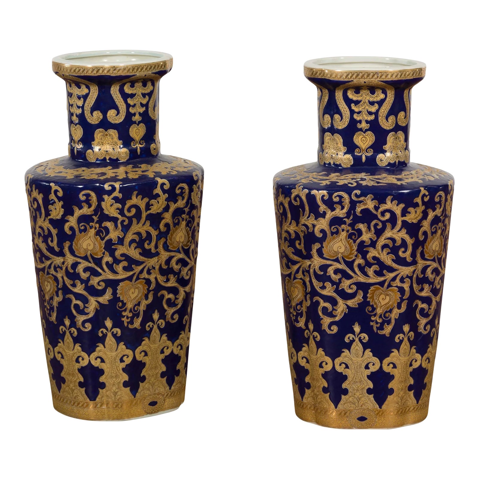 Vintage Dark Blue & Gold Vases with Intricate Design - A Pair | Chairish