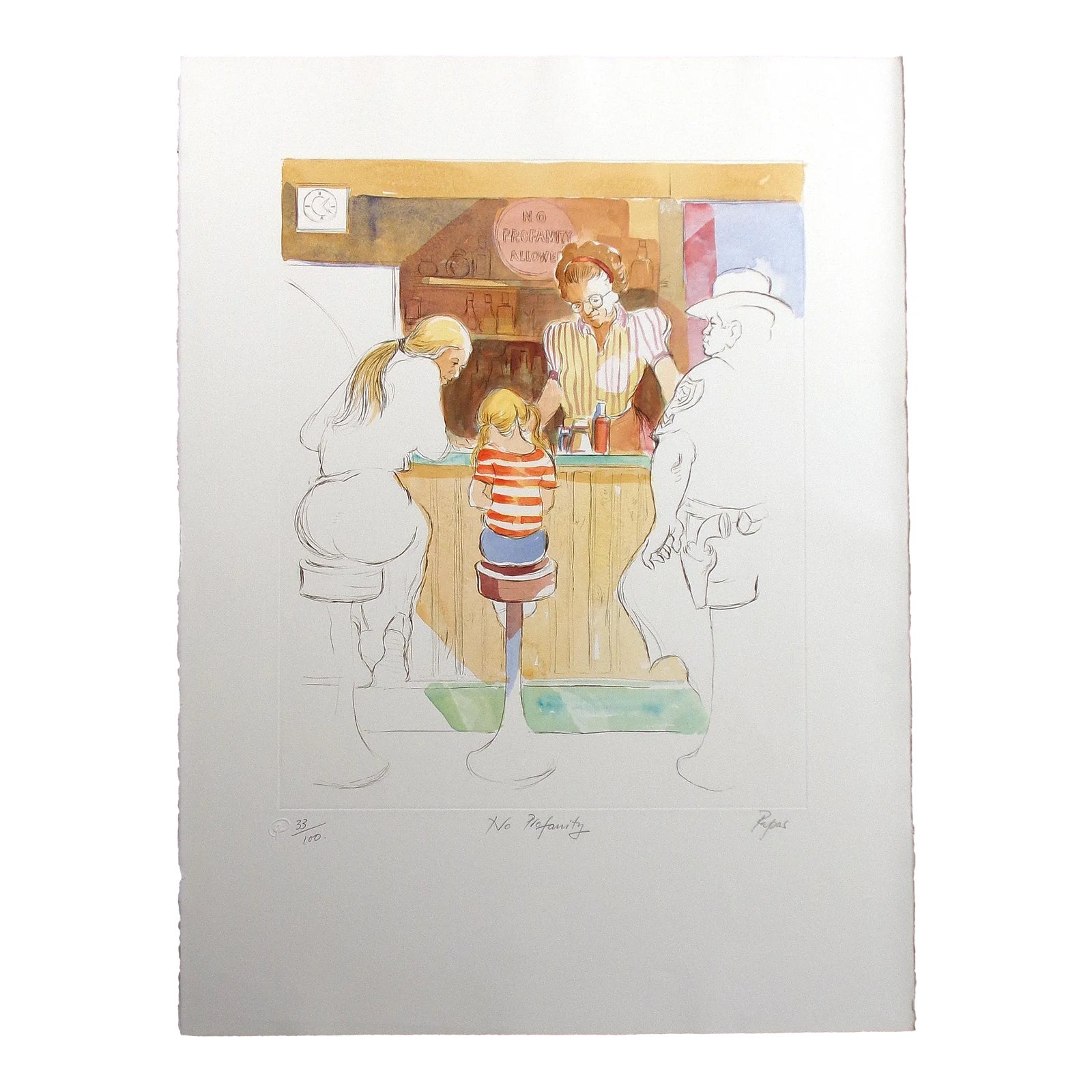 William Papas "No Profanity" Hand Colored Etching Artwork, Diner | Chairish