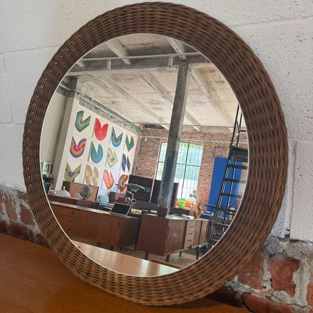 Vintage Danish Round Wicker Mirror, 1960s | Chairish