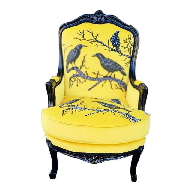 Gothic Raven Crow Yellow Velvet and Embroidery Armchair | Chairish