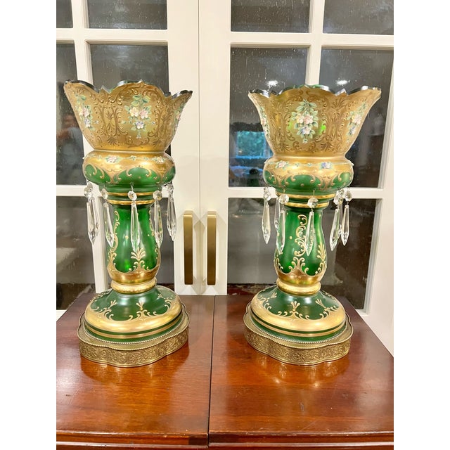 Czech Bohemian Green Glass Lustre Electric Lamp Pair, Circa 1930's ...