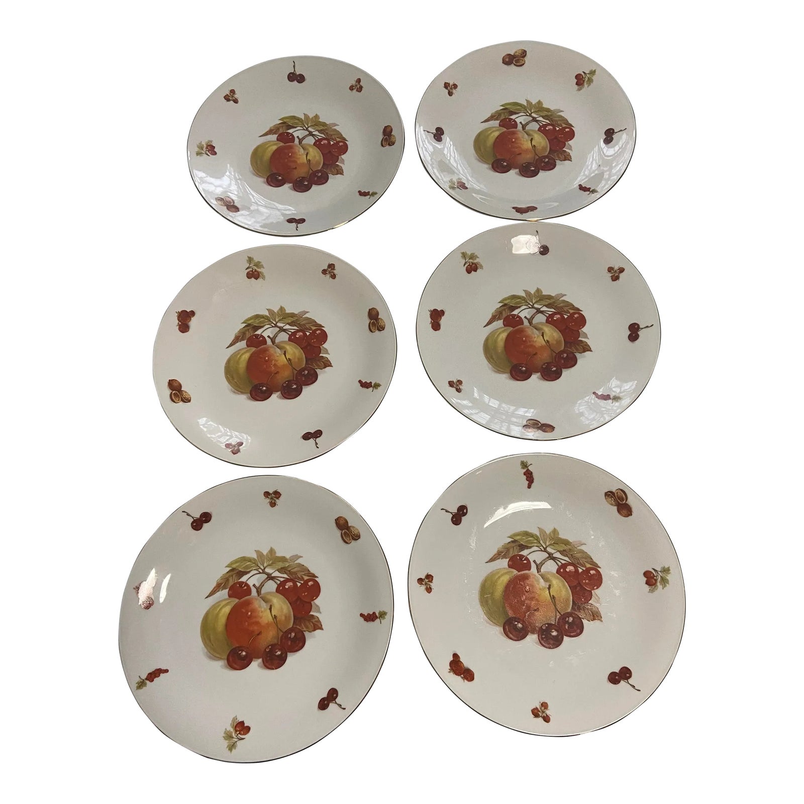Mid 20th Century French Cherry Peach Porcelain Plates- Set of 6 | Chairish