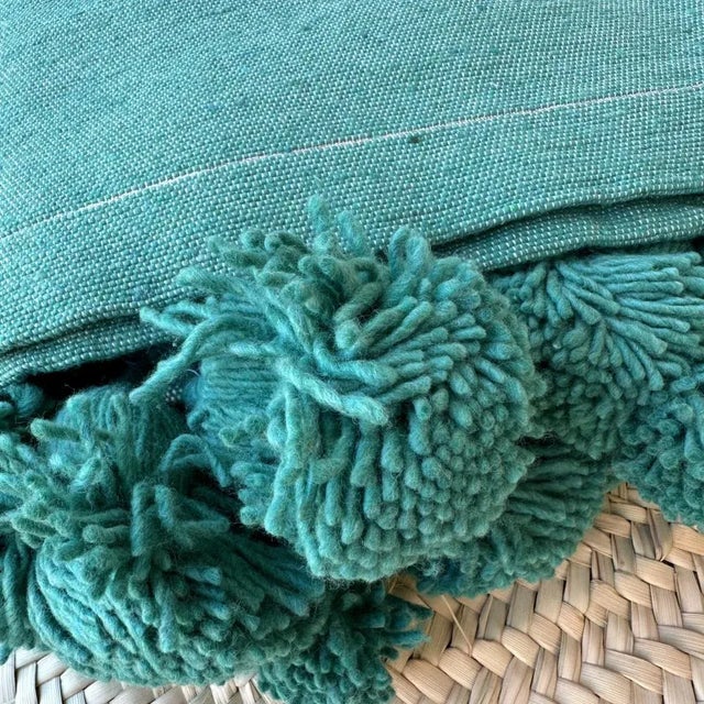 2020's Moroccan Turquoise Blue Pom Pom Throw Blanket | Chairish