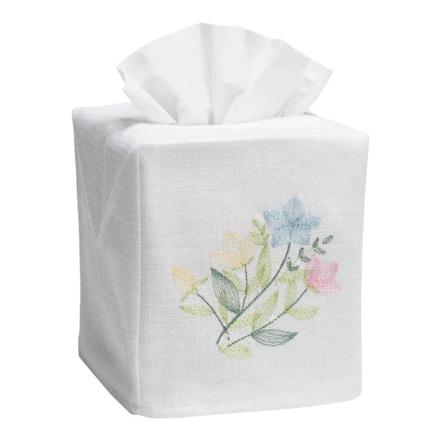 Spring Meadow Tissue Box Cover in White Linen & Cotton, Embroidered ...