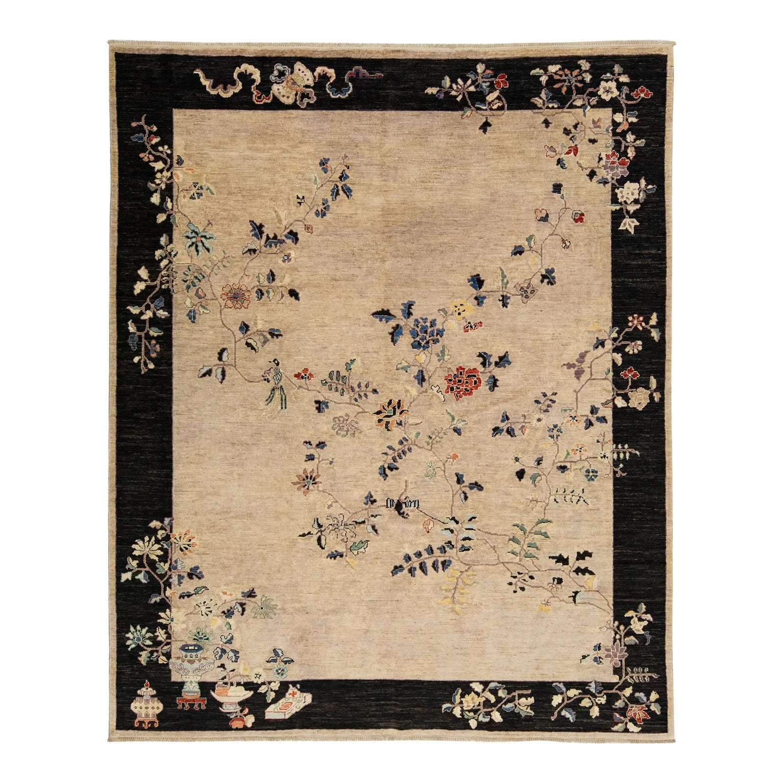 Room Size Modern Chinese Style Brown Wool Rug With Floral Motif | Chairish