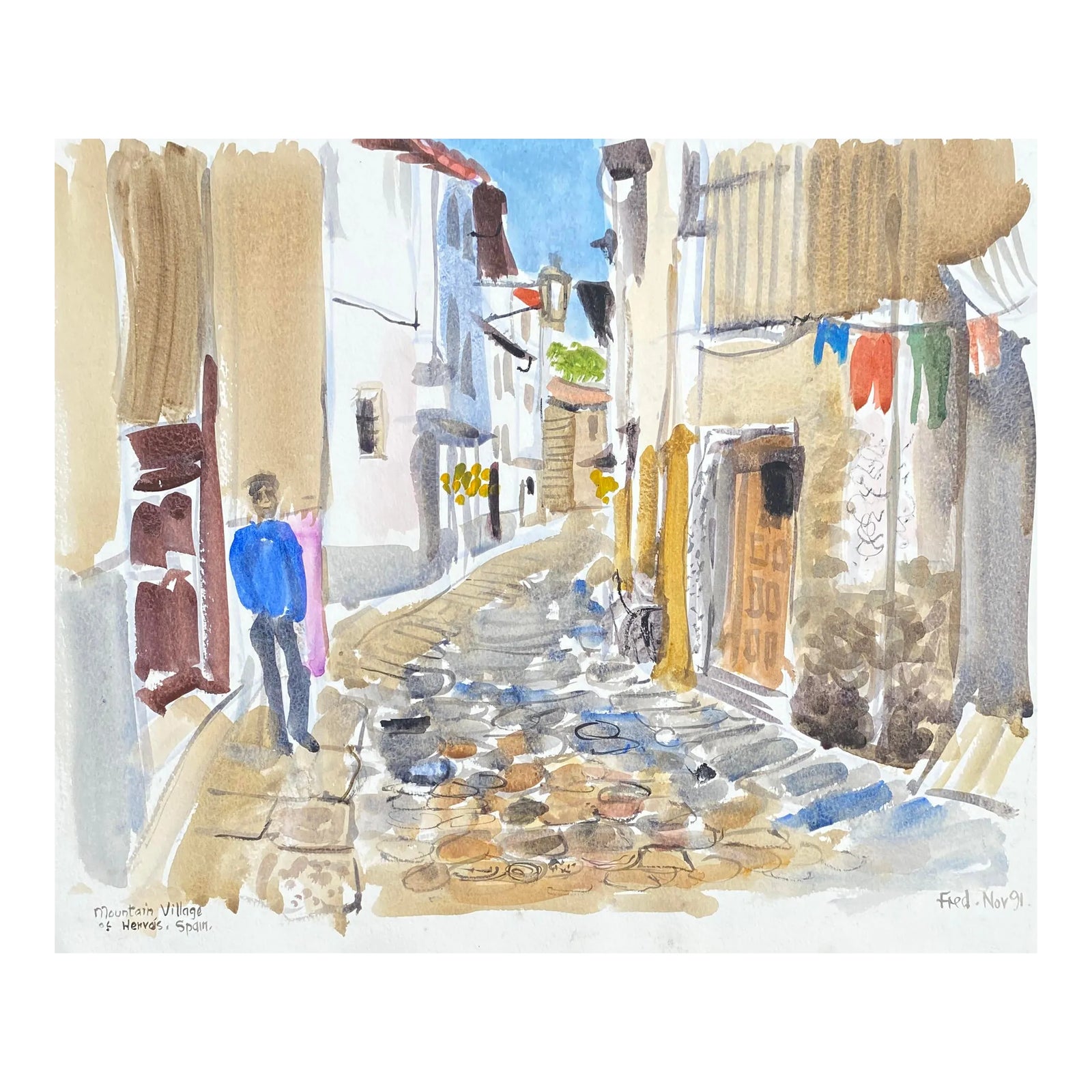 1991 Fred Atkinson Mountain Village Spanish Watercolor | Chairish