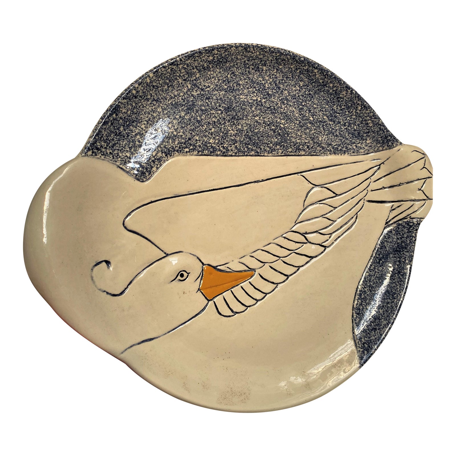 1987 Flat Earth Goose Large Blue & White Pottery Platter Plate Wall ...