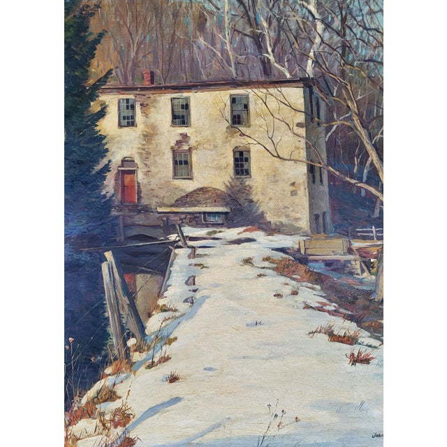 Vintage American Oil Painting on Board Bridge House on River John R ...