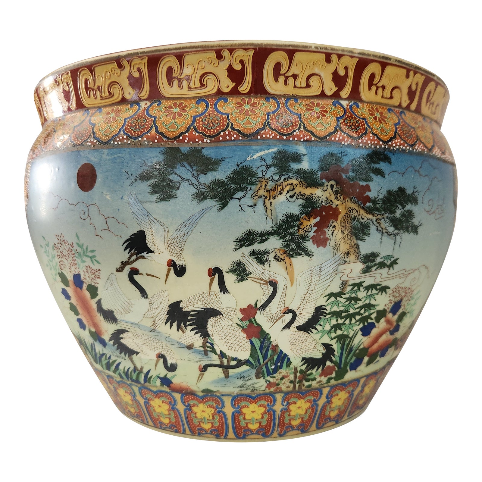 Vintage Japanese Hand Painted and Gilded Large Fish Bowl Planter | Chairish