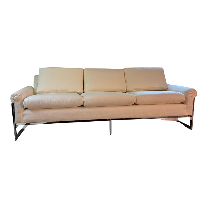 1960s Chrome Couch With Quilted Fabric in the Style of Milo Baughman ...