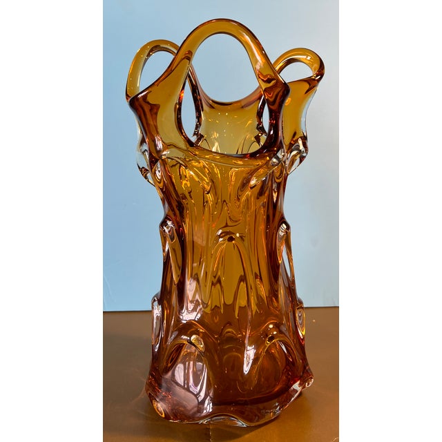 Large Amber Art Glass Vase Tree Trunk Texture With 3 Open Loops Forming ...