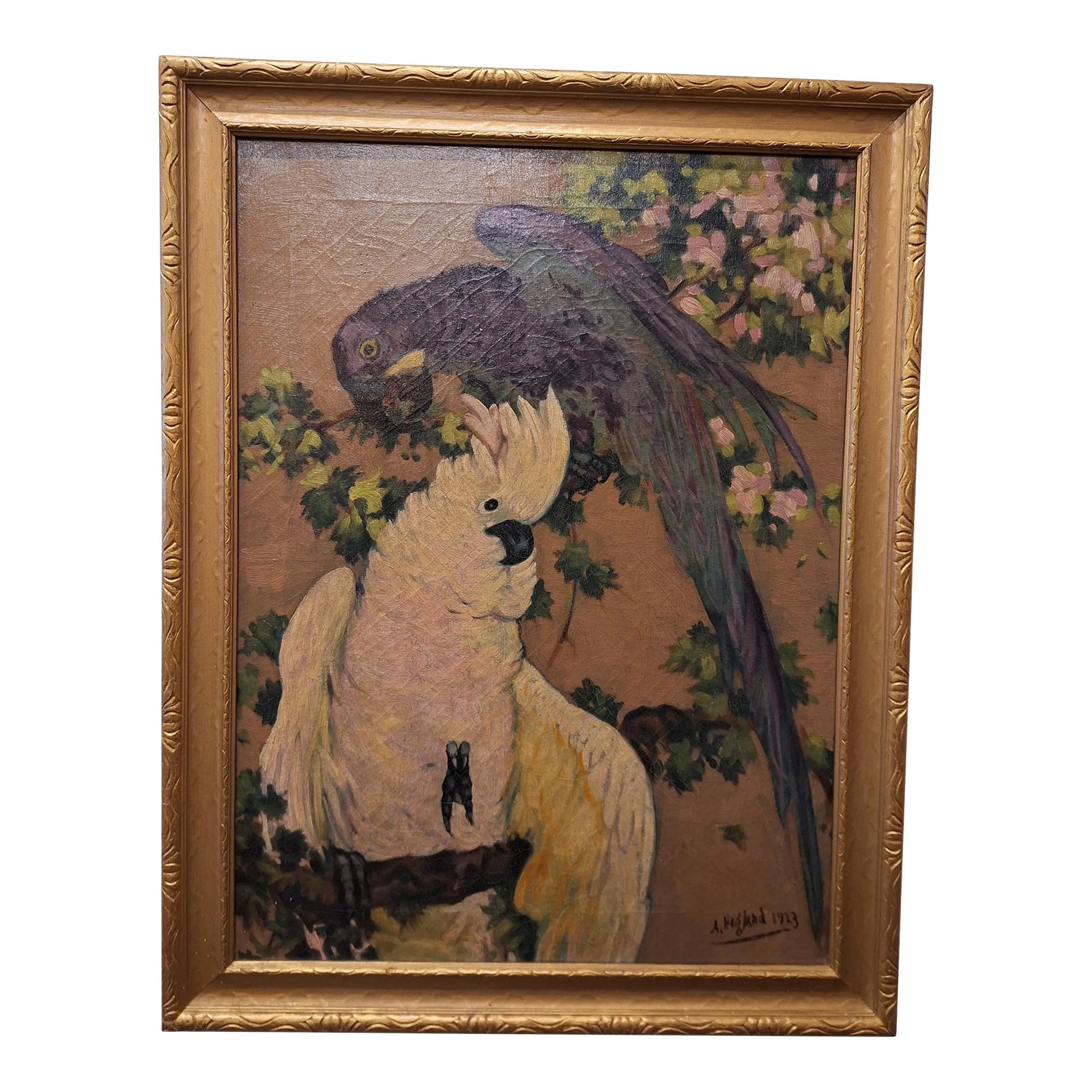 A. Hagland 1923 Parrots Oil Painting on Canvas, Framed | Chairish