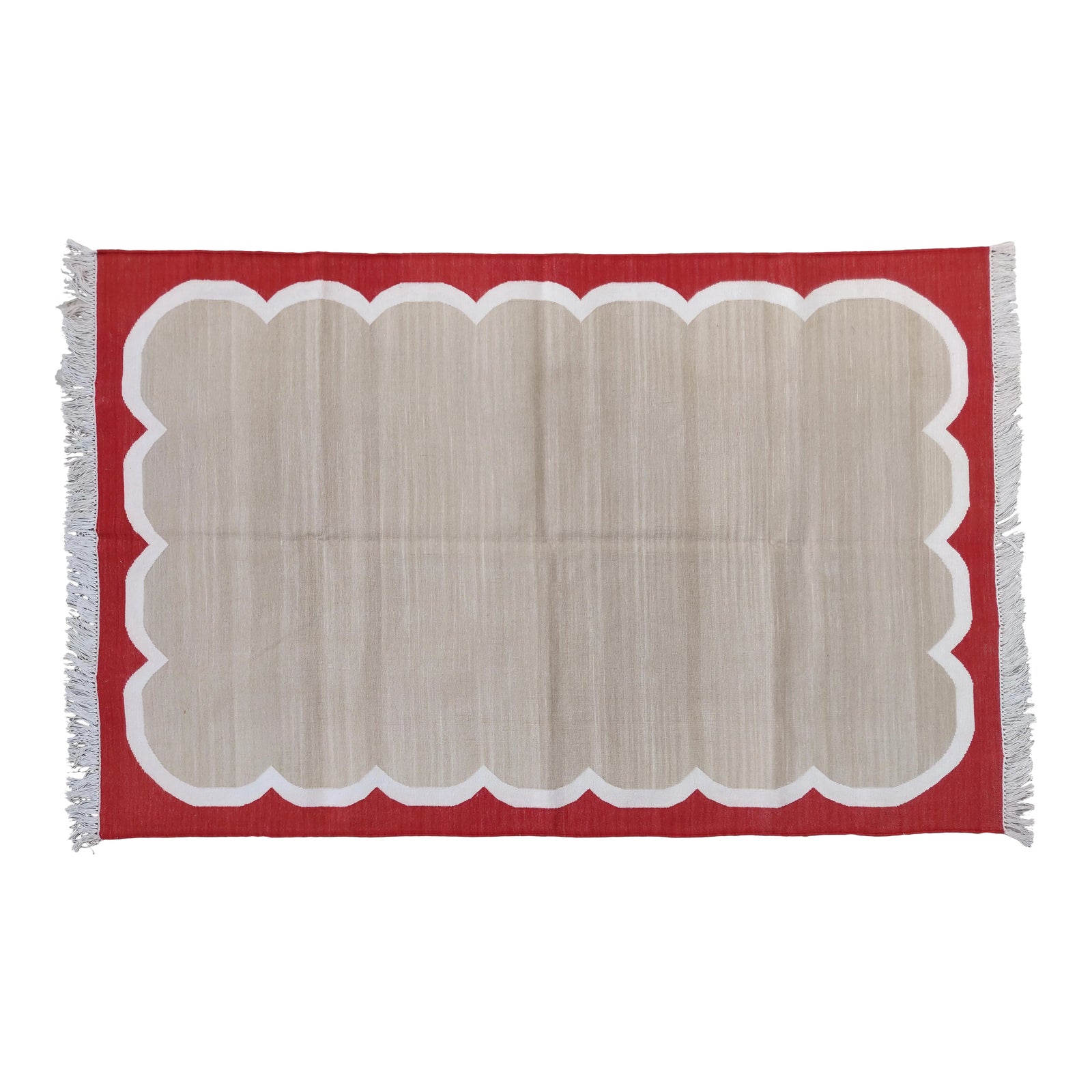 Cotton Handwoven Beige and Red Border Scalloped Rug 6x9 | Chairish