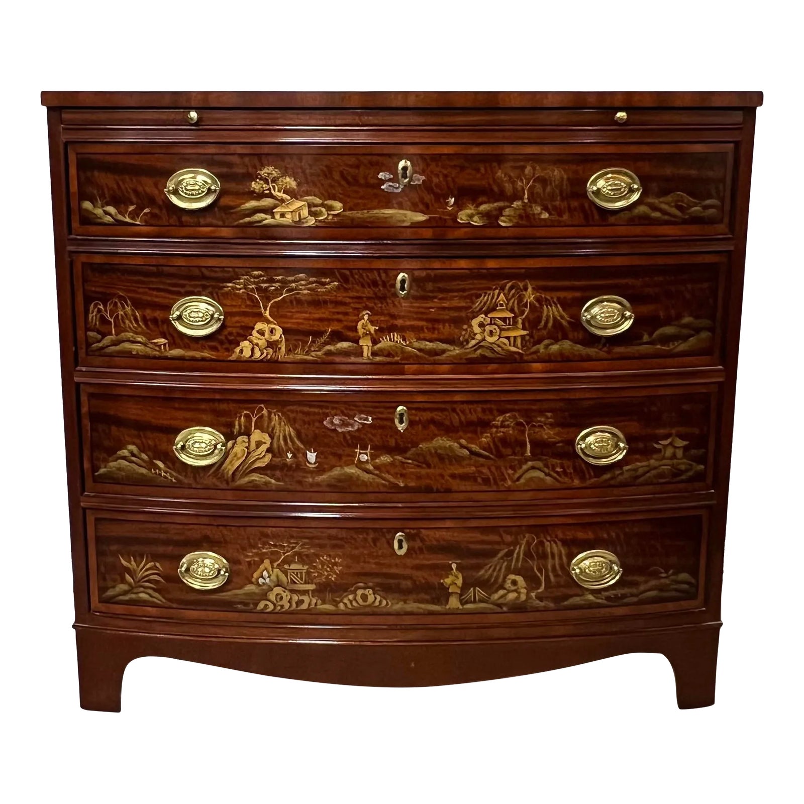 Baker Furniture Chinoiserie Mahogany Bow Front Banded Inlay Four Drawer ...