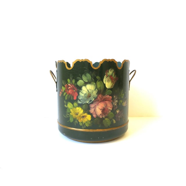 French Tôle Green & Gold Jardinière Cachepot with Scalloped Edge, Early ...
