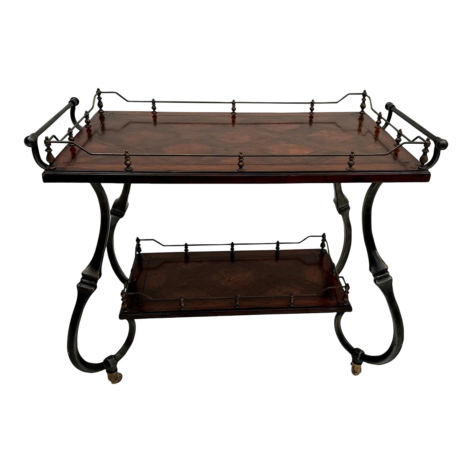 Mahogany and Wrought Iron Server Bar Cart With Parquetry Top | Chairish