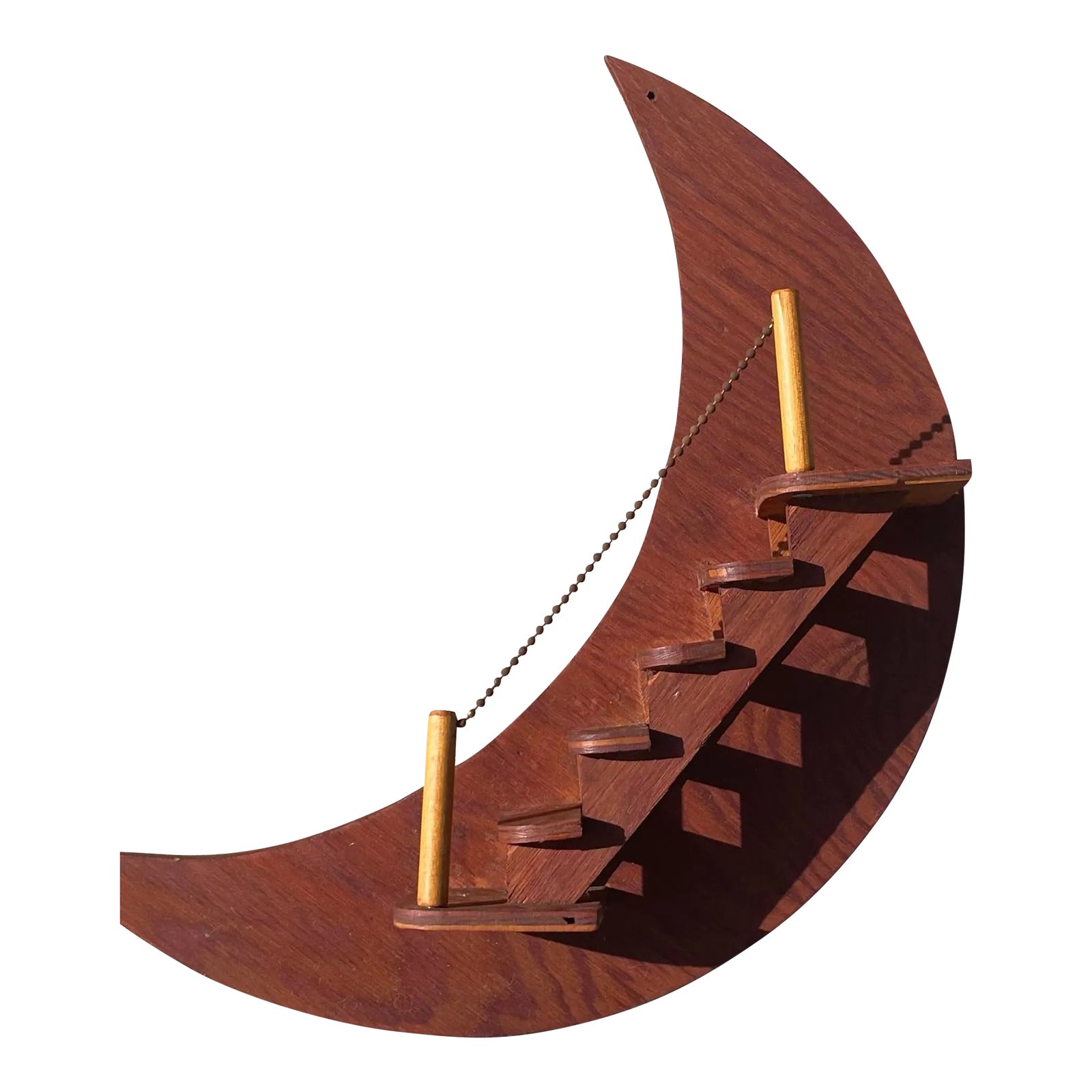 Vintage MCM Hand Made Crescent Moon Stair Step Wood Wall Shelf | Chairish