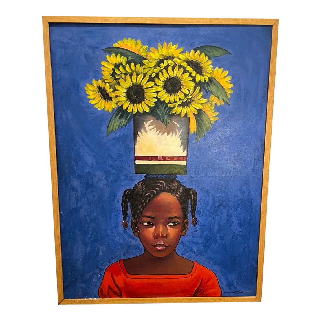 Naif Painting "Girl Selling Flowers", by Jorge Salas, Framed | Chairish