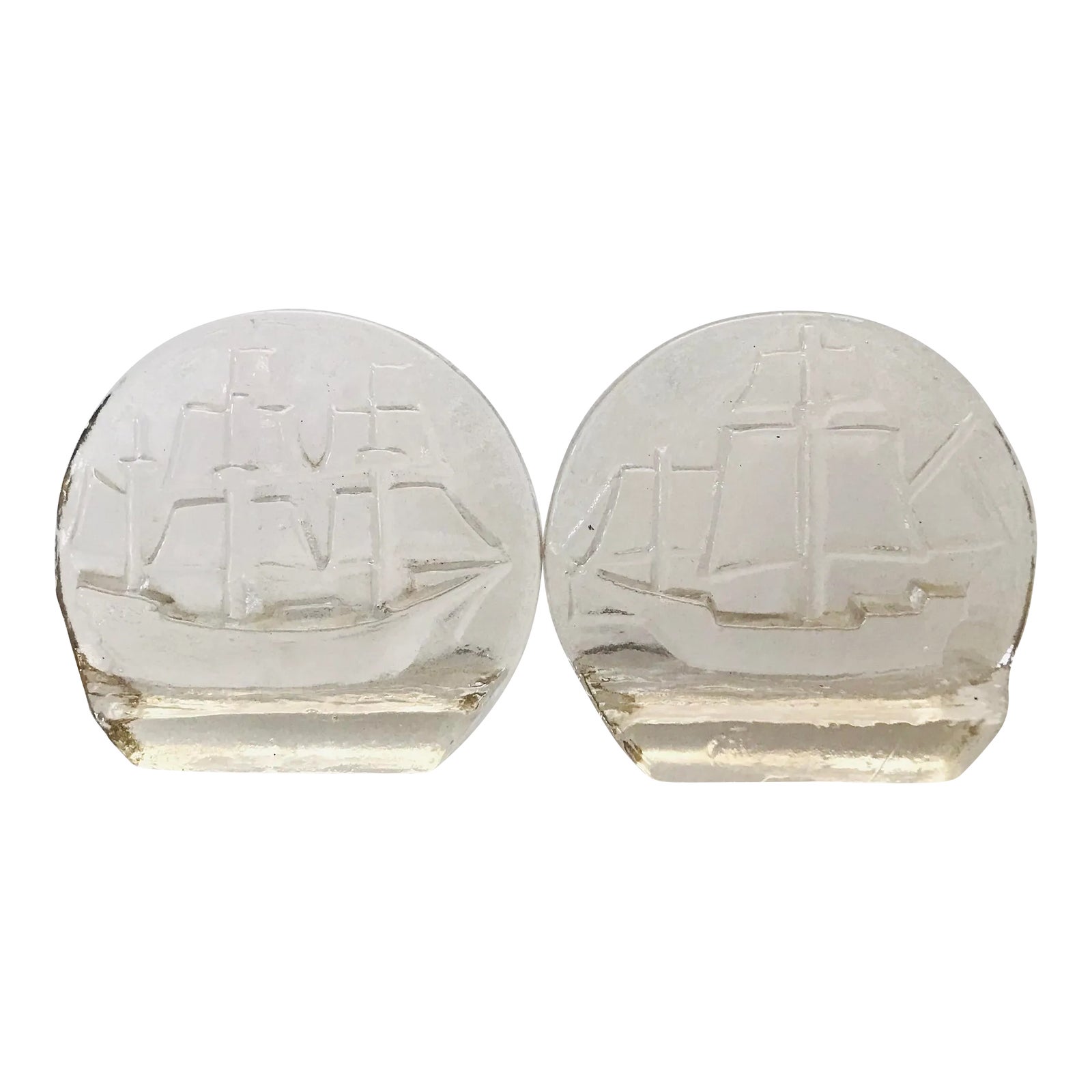 Mid Century Vintage Pilgrim Glass Nautical Ship Crystal Bookends - a ...