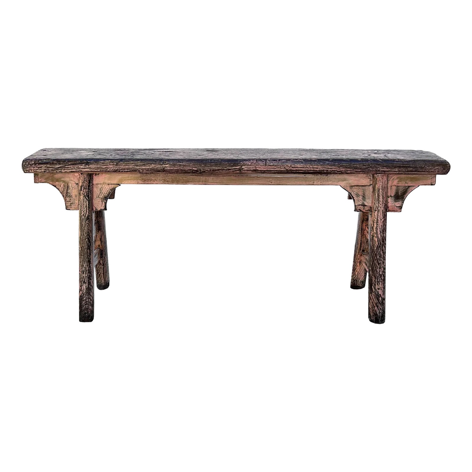 Distressed Rustic Pink Village Slim Narrow Wood Bench | Chairish