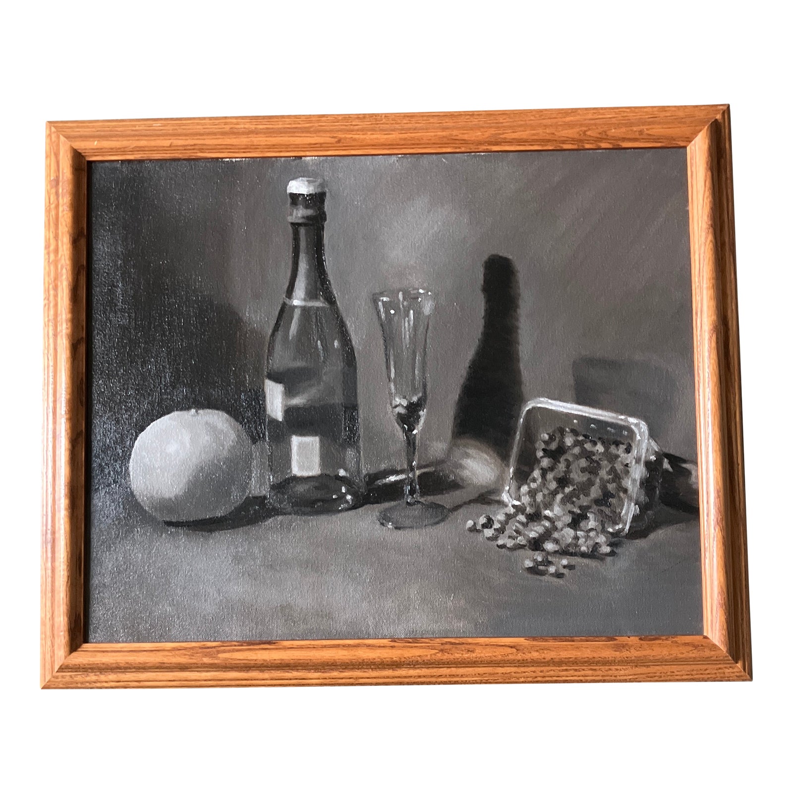 1980’s Original Greyscale Still Life Painting With Fruit & Wine Oak ...