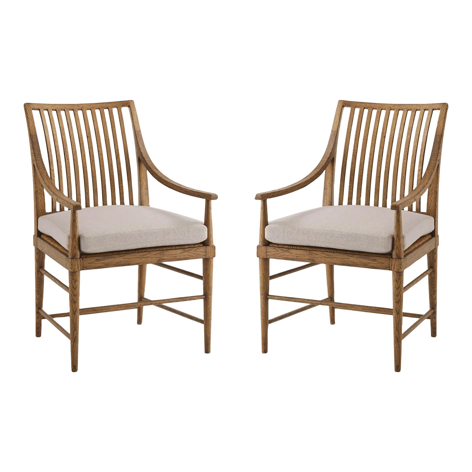 Pair of Oak Slat Back Dining Arm Chairs - Light | Chairish
