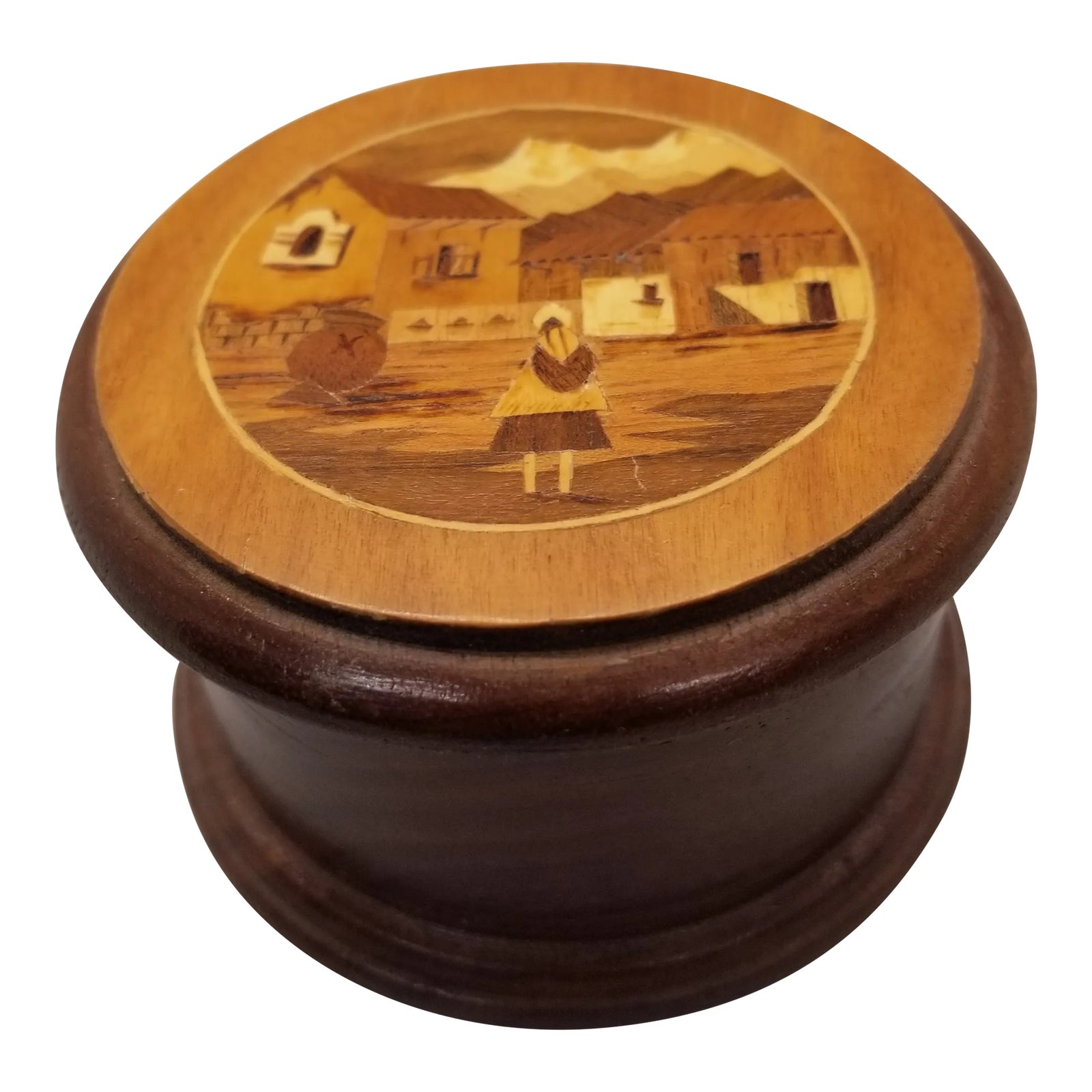 Vintage Round Wooden Box With Carved Scene | Chairish