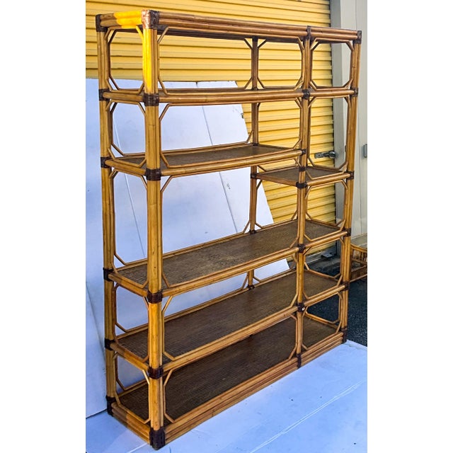 McGuire Style Modern Rattan / Bamboo Leather Wrapped Etagere / Shelf ...