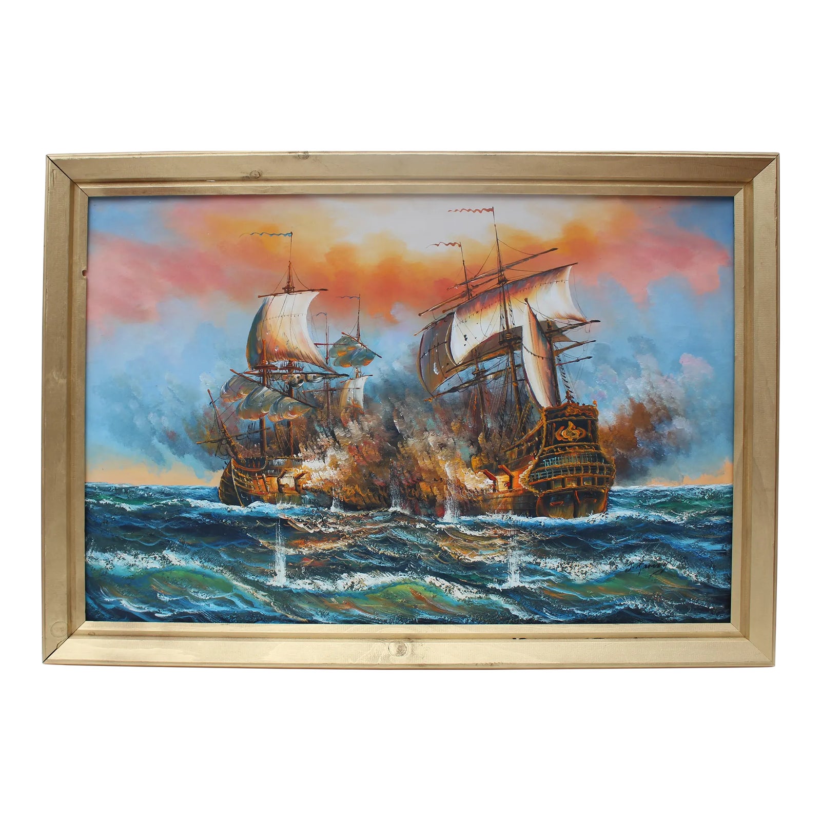 Late 20th Century J.Harvey Large Oil Painting on Canvas, Ships Battle ...