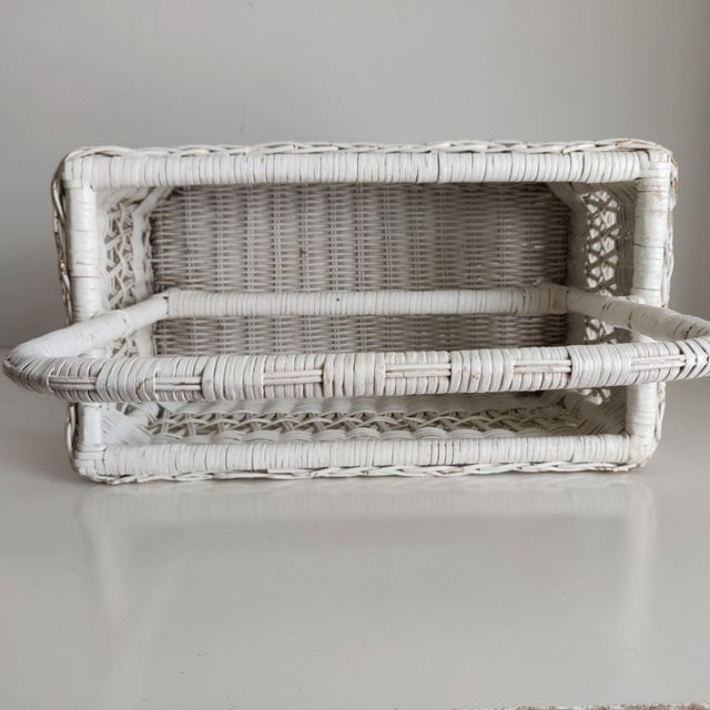 1970s Vintage White Wicker Magazine Rack | Chairish