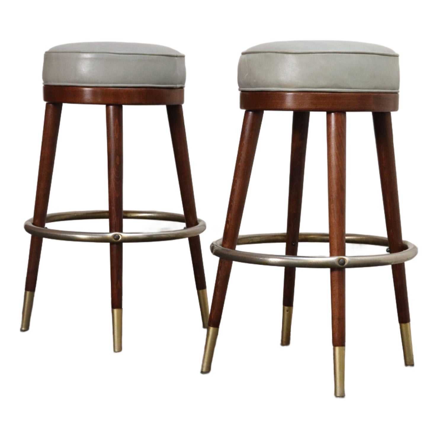Pair of Mid-Century Modern Walnut and Brass Bar Stools With New Leather ...