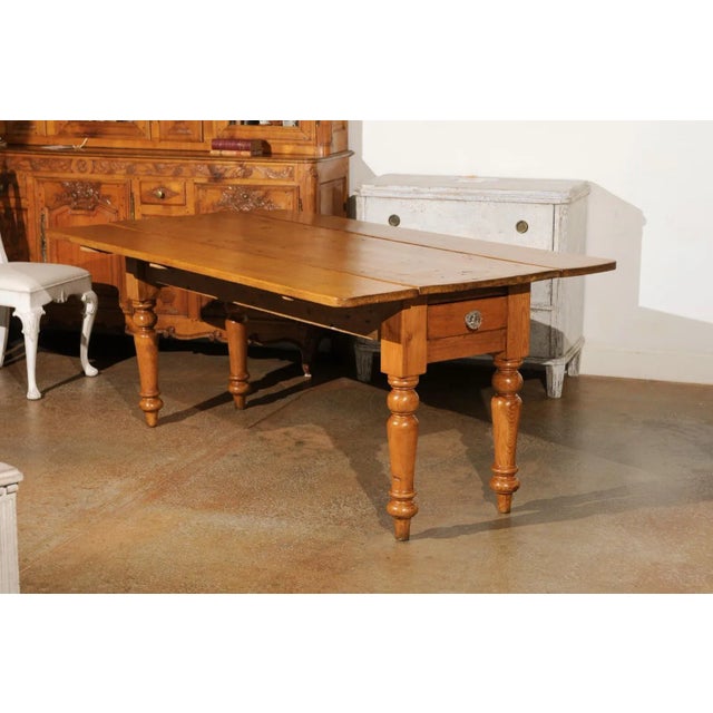 English 1875s Pine Drop Leaf Table with Two Lateral Drawers and Turned Legs Tables
