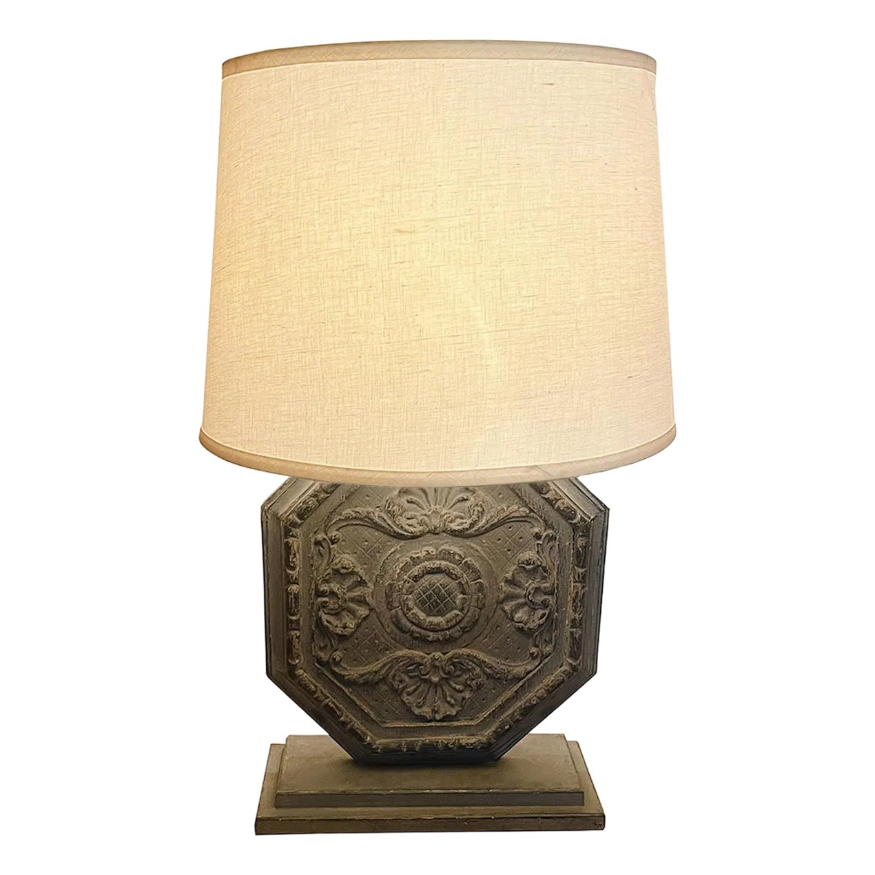 Custom Table Lamp With Carved Shield Form | Chairish