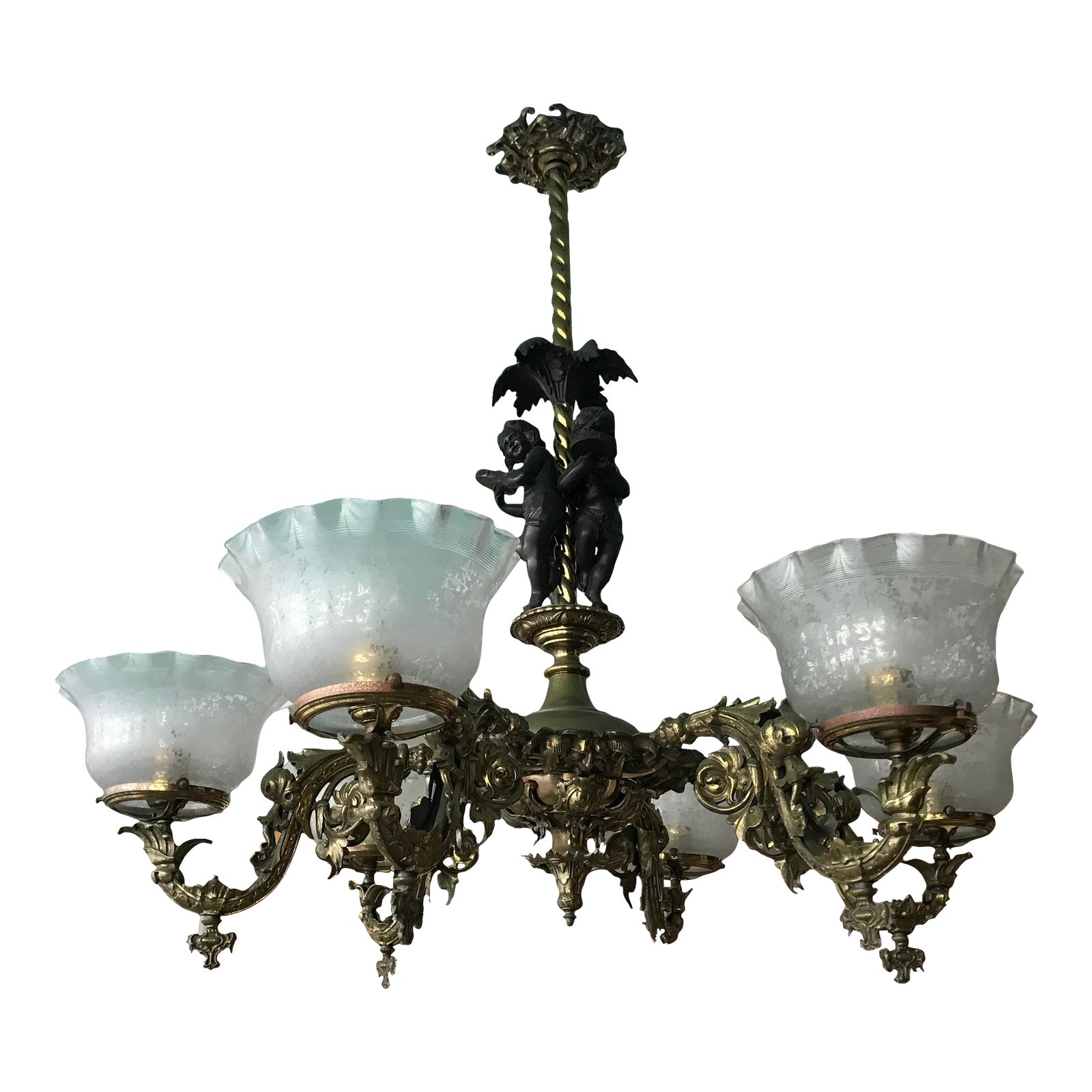 1900s Art Nouveau French Bronze Gas Chandelier with Putti & Original ...