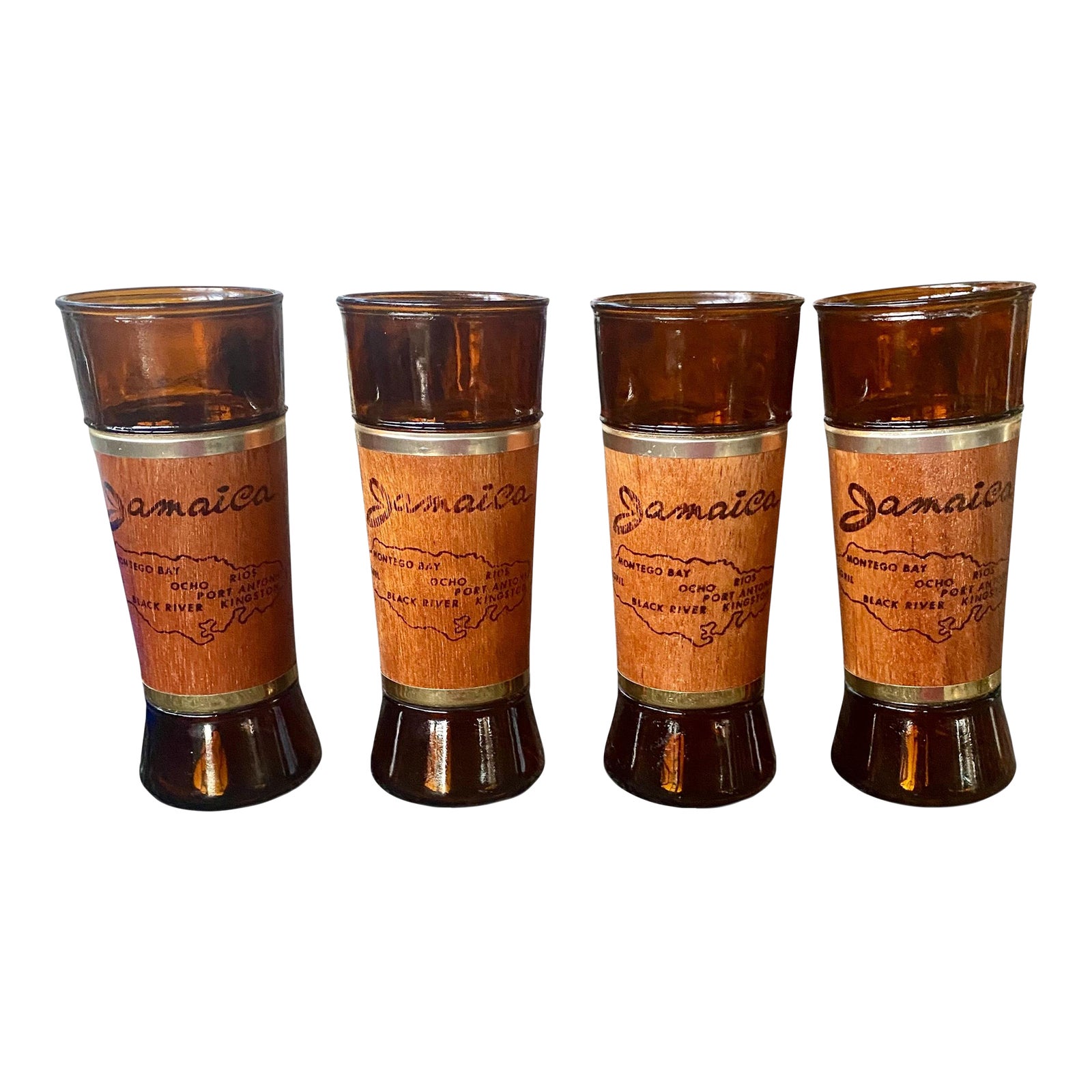 Vintage Jamaica Amber Glass Tumblers With Mahogany Sleeves – Mid ...