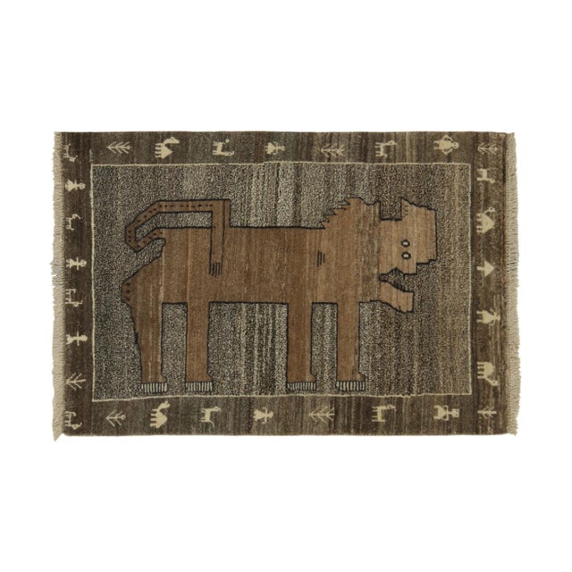 Rare Vintage Gabbeh Tribal Rug in Gray With Brown Animal Pictorial ...