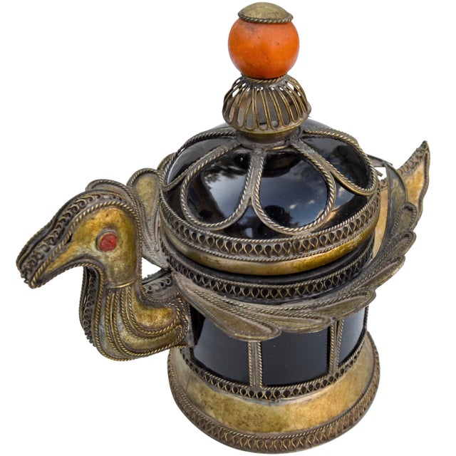 Vintage Moroccan Engraved & Filigree Inlaid Ceramic Bird Box | Chairish