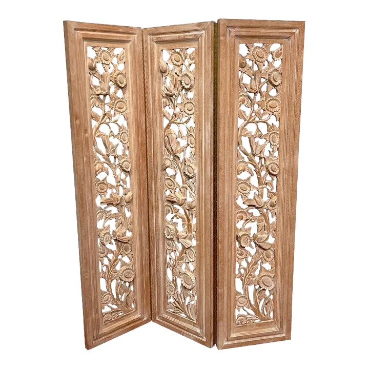 Three-Panel Carved Bleached Hardwood Bird Floral Screen, Style of James ...
