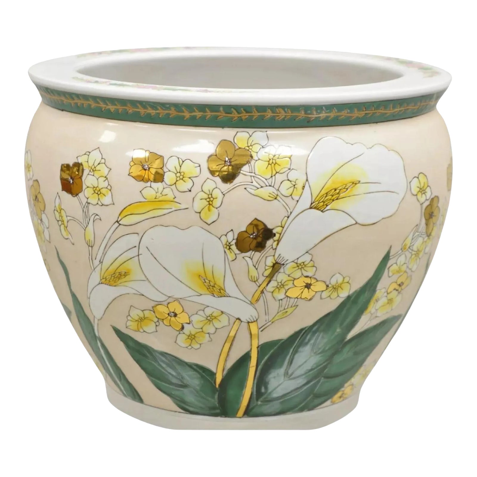 Vintage Chinese Ceramic Jardiniere Cachepot With Fish & Lilies | Chairish