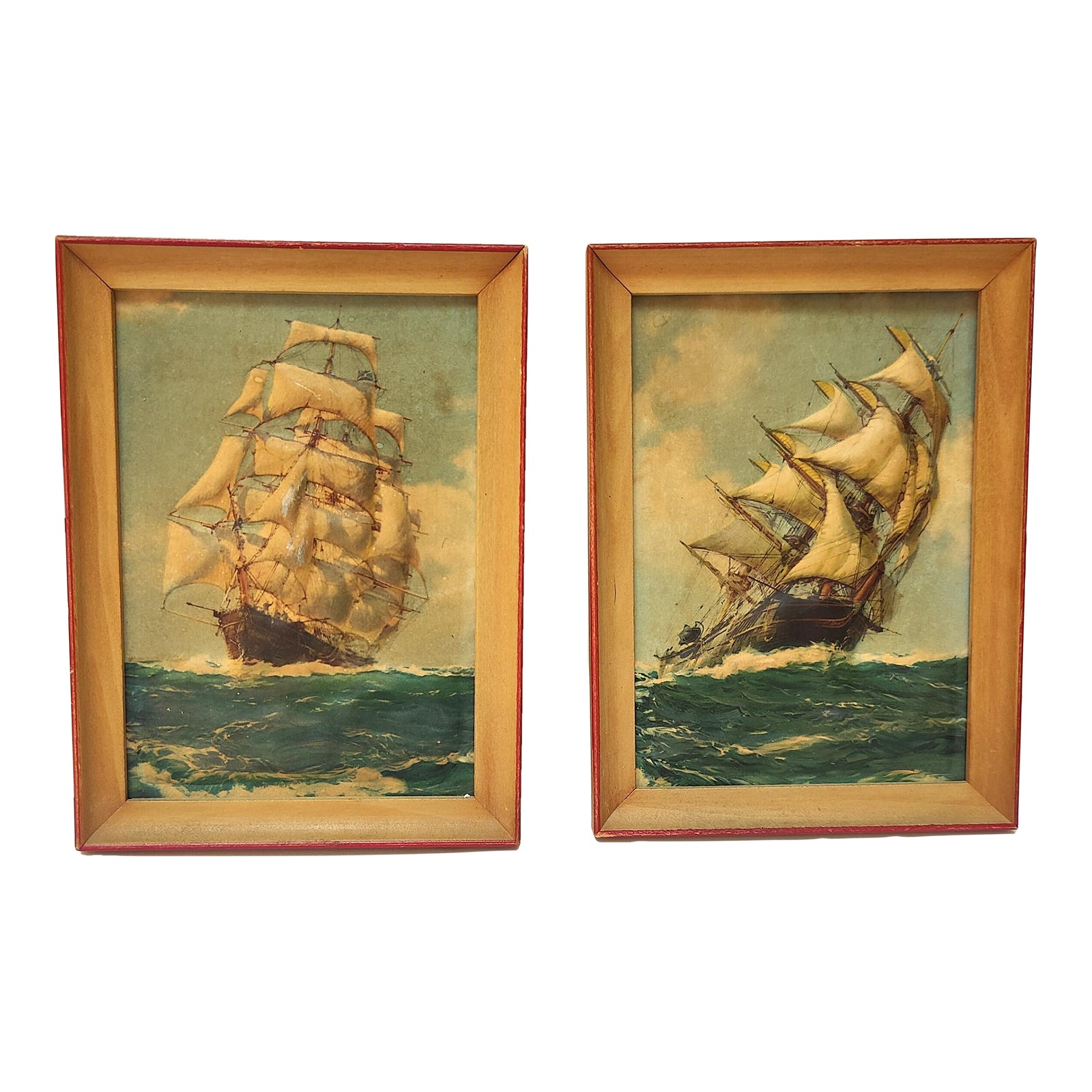 1930s Vintage Sailboat Clipper Ship Embossed Paintings Pair Nautical ...