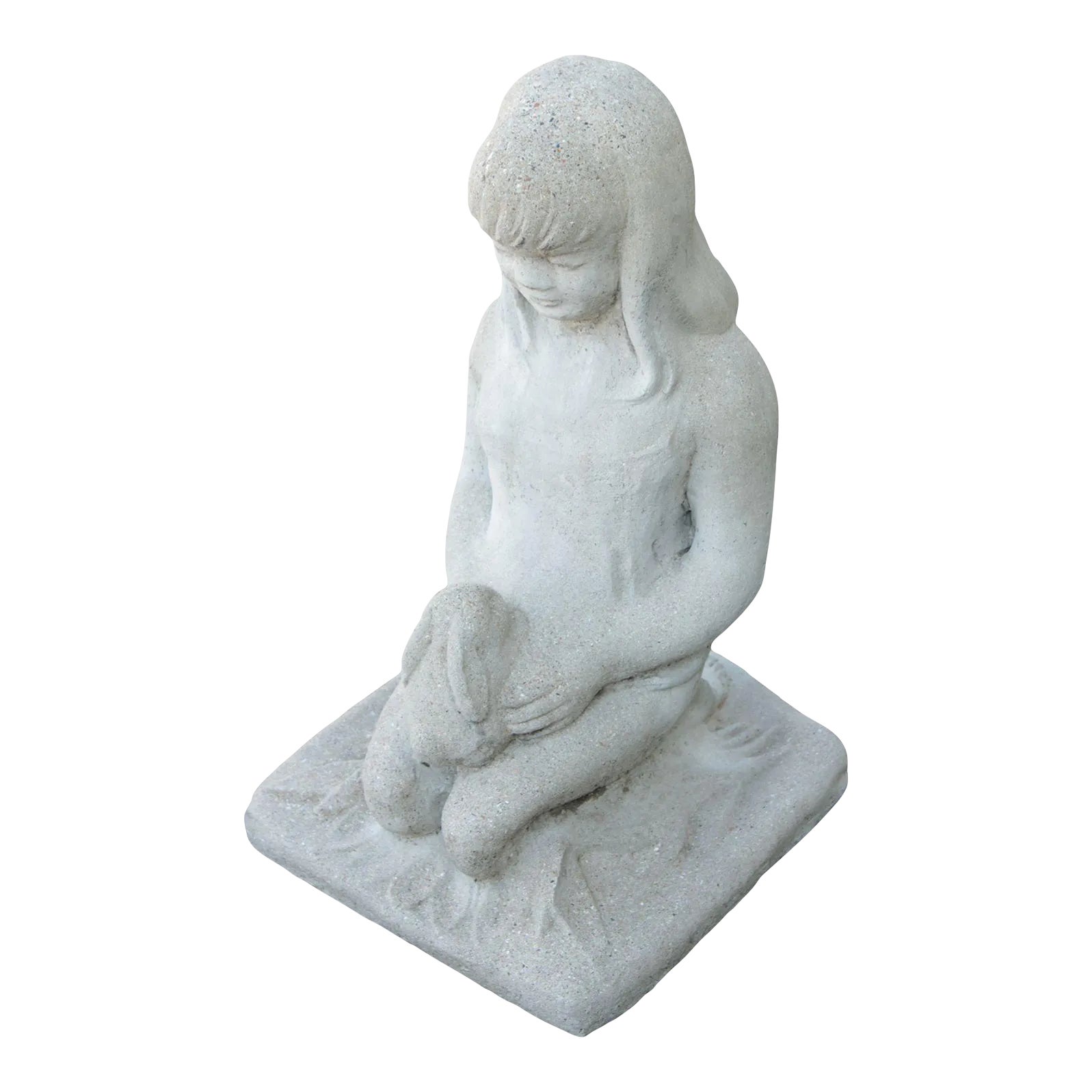 Vintage Cast Stone Child Holding Bunny Garden Sculpture | Chairish