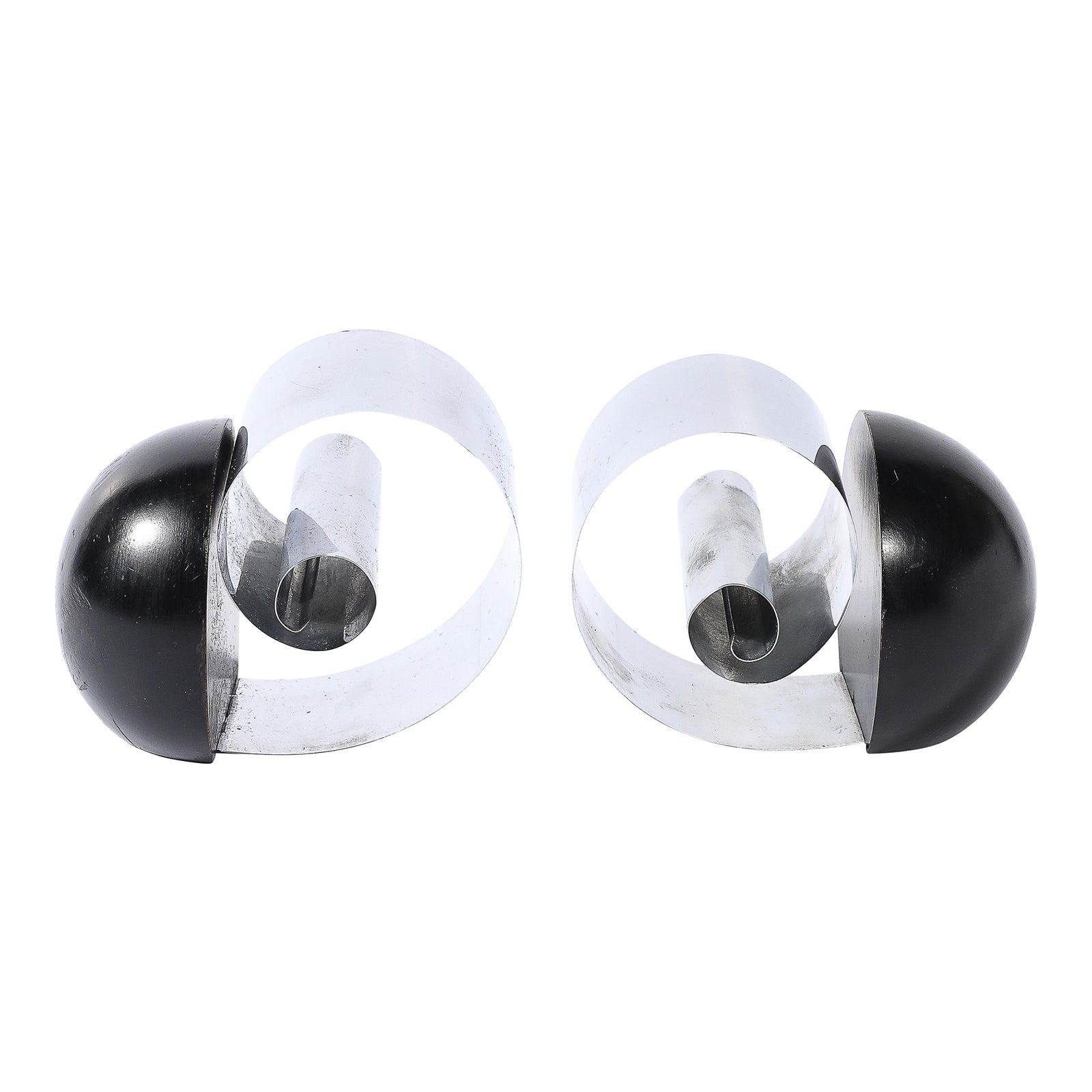 Art Deco Machine Age Spring Steel & Black Enamel Spherical Bookends by ...