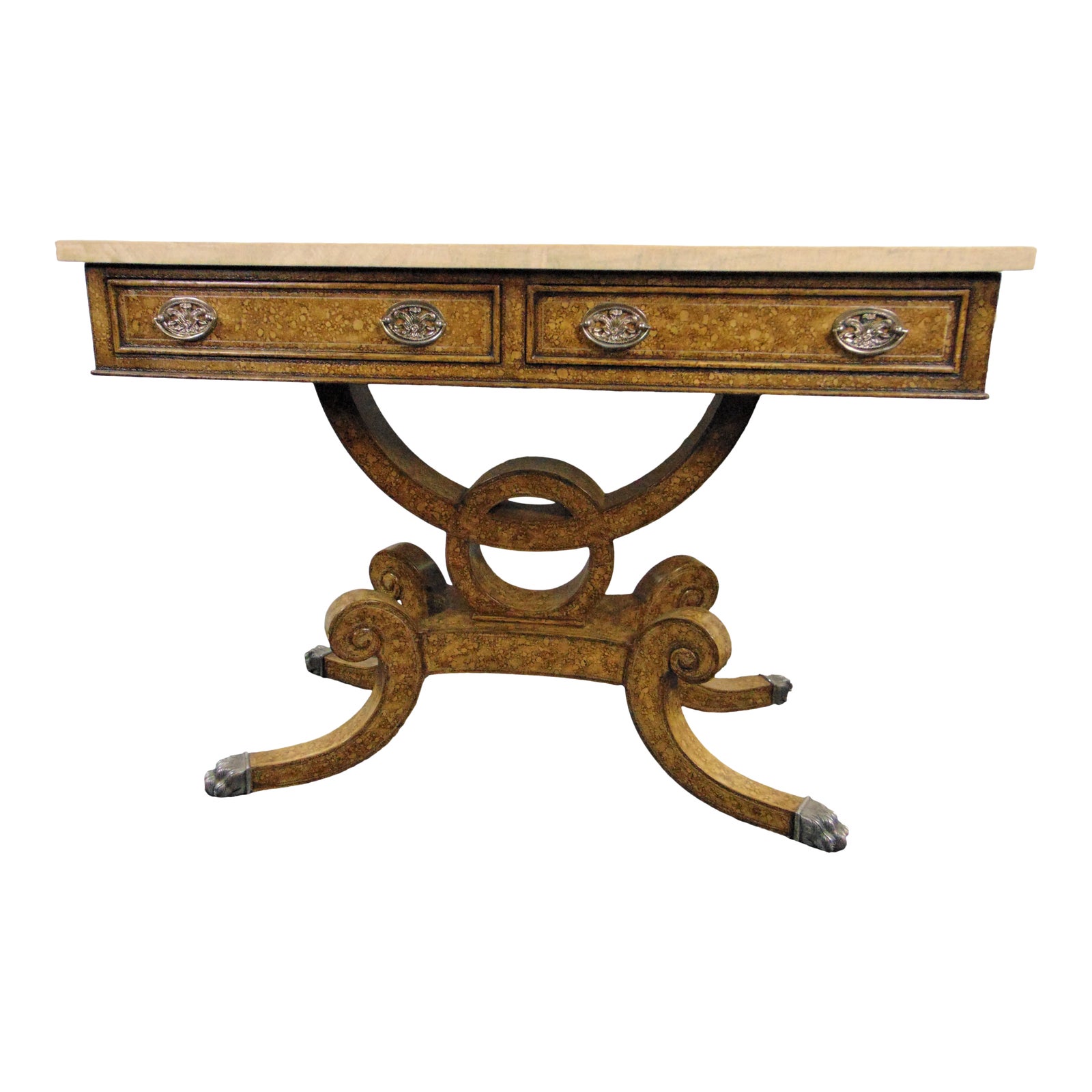 Hollywood Regency Leather & Marble Console Table | Chairish