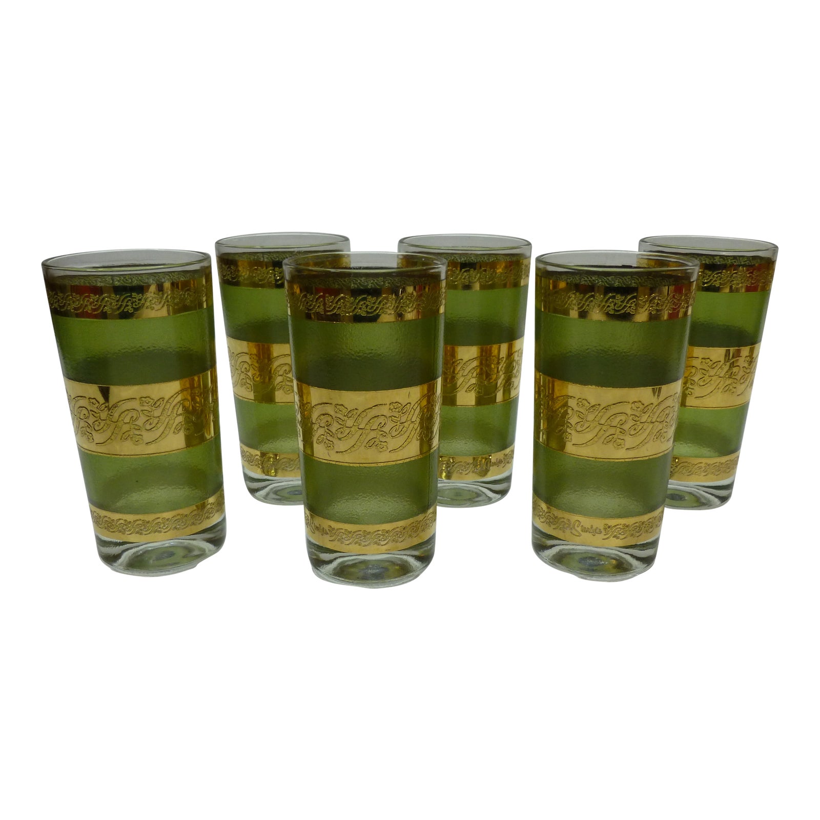Vintage Starlyte Green & Gold Banded Highball Tumbler Glass Set of 6 ...