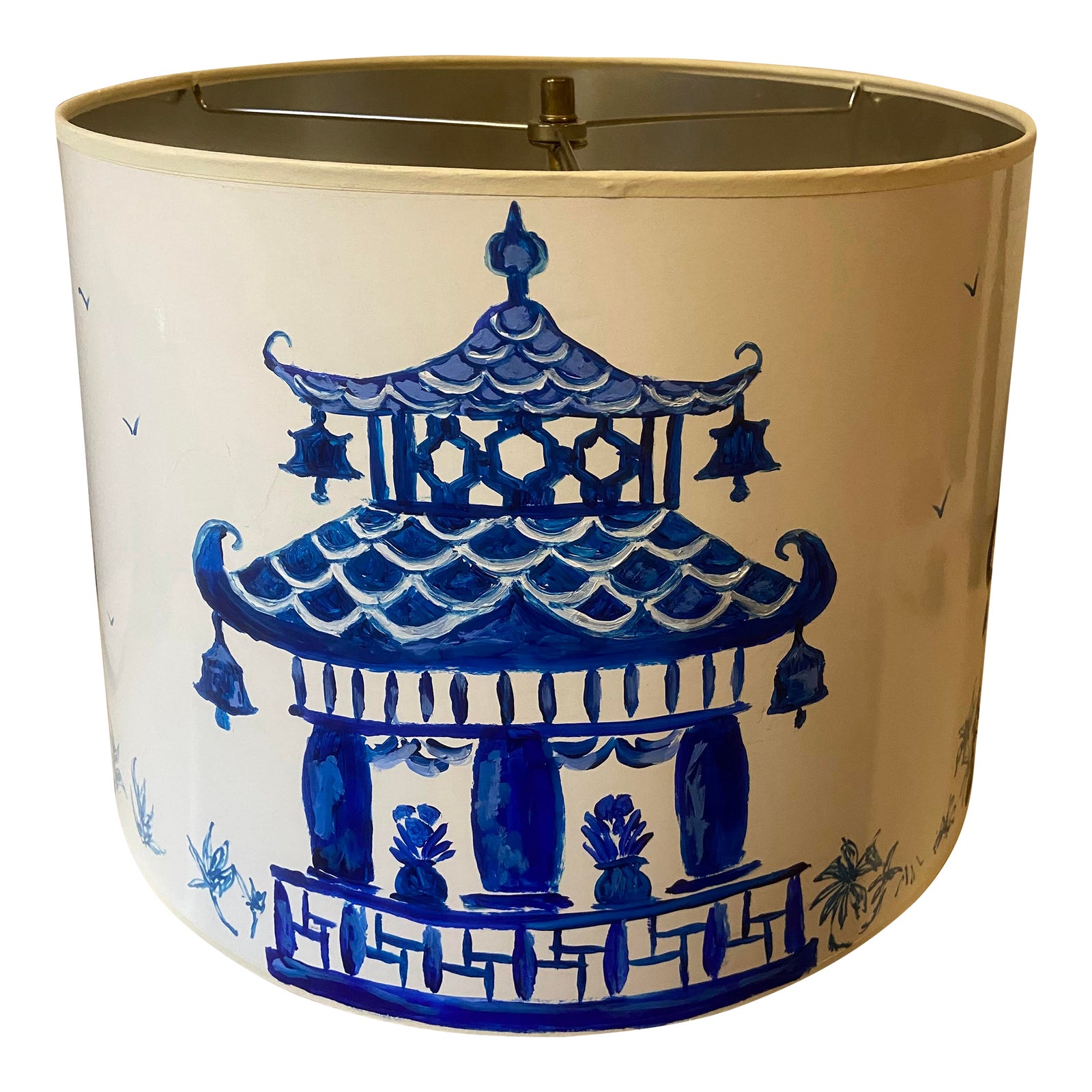 Custom Hand Painted Chinoiserie Style Shade With Pagodas | Chairish