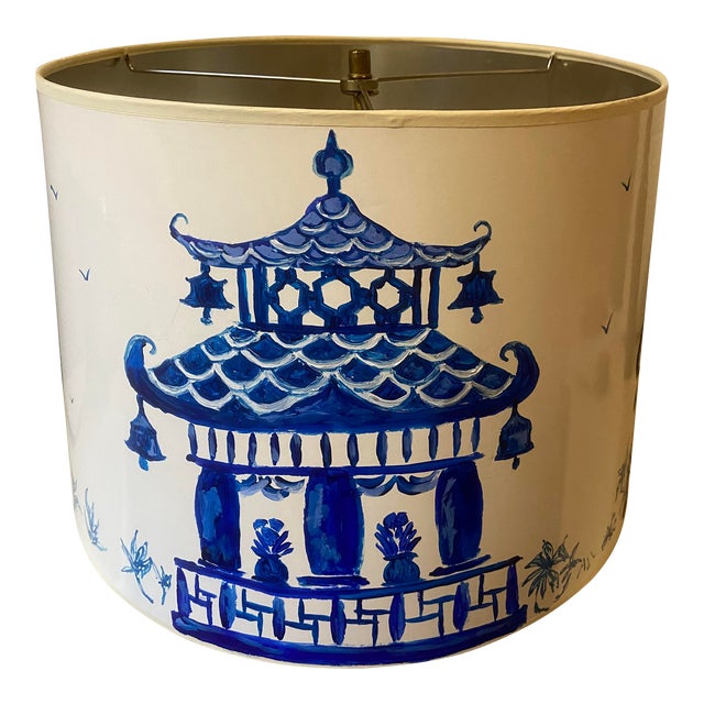 Custom Hand Painted Chinoiserie Style Shade With Pagodas | Chairish