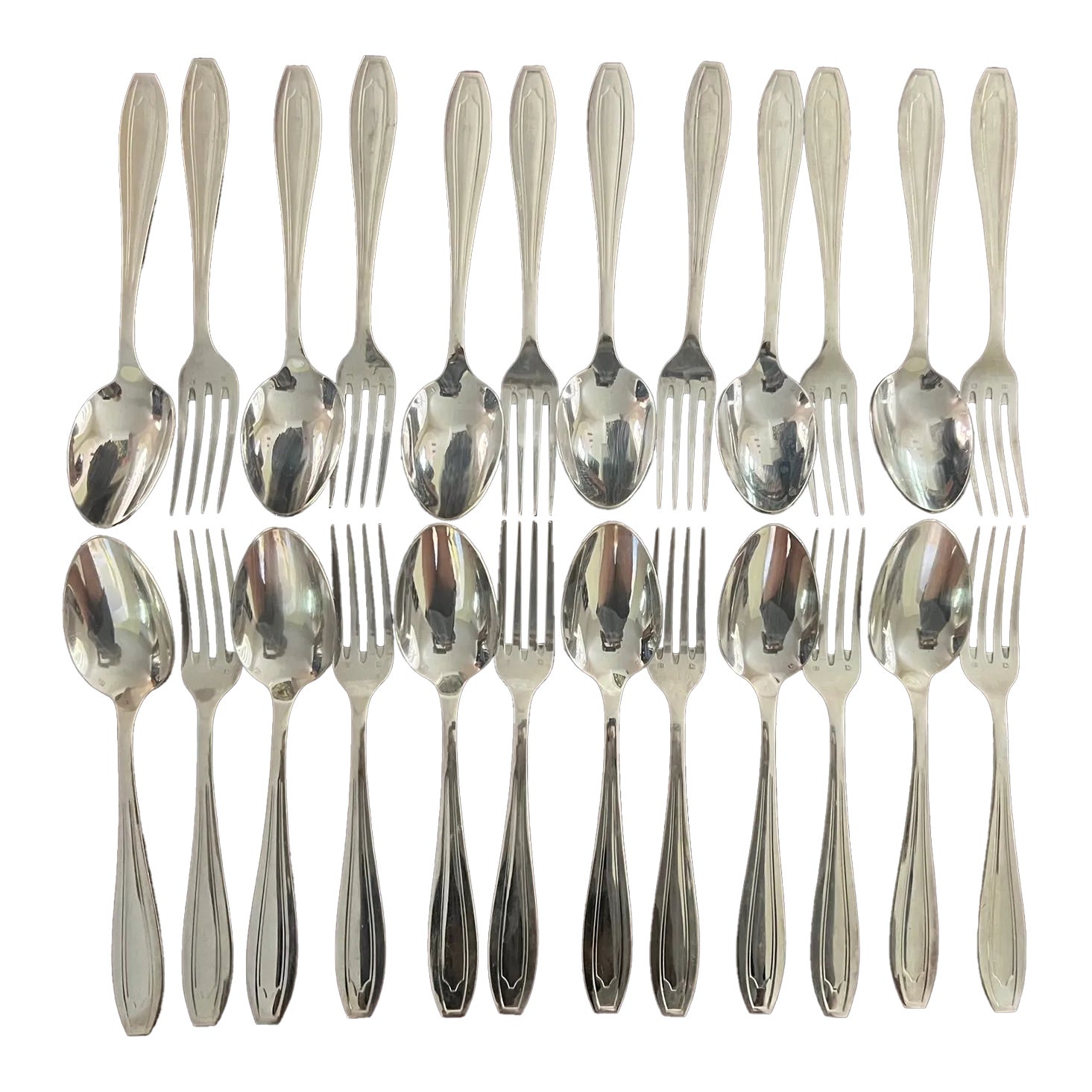 French Silverplated Art Deco Spoon and Fork Set of 24 | Chairish
