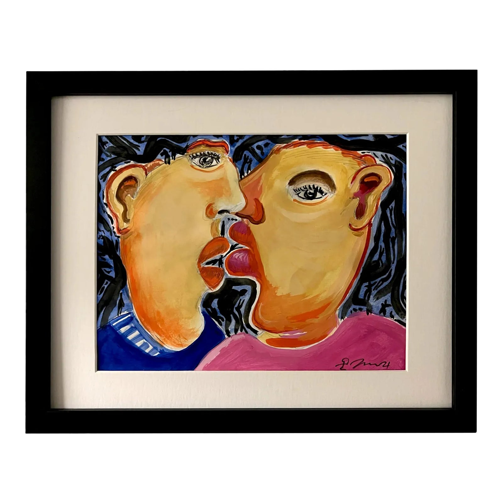“The Kiss” Abstract Double-Portrait Painting by Jesus Zamarron, Framed ...